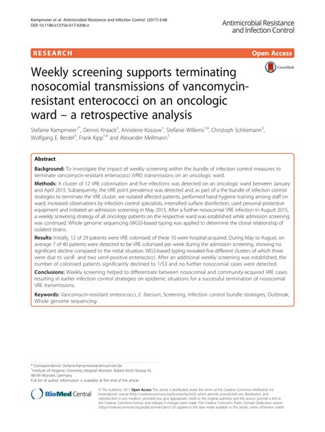 Pdf Weekly Screening Supports Terminating Nosocomial Transmissions Of Vancomycin Resistant