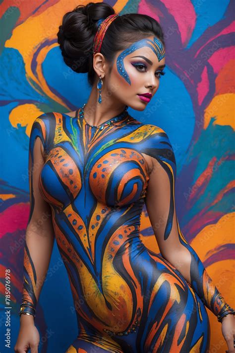 Beautiful Woman Adorned In Vibrant Body Paint Her Curves Accentuated