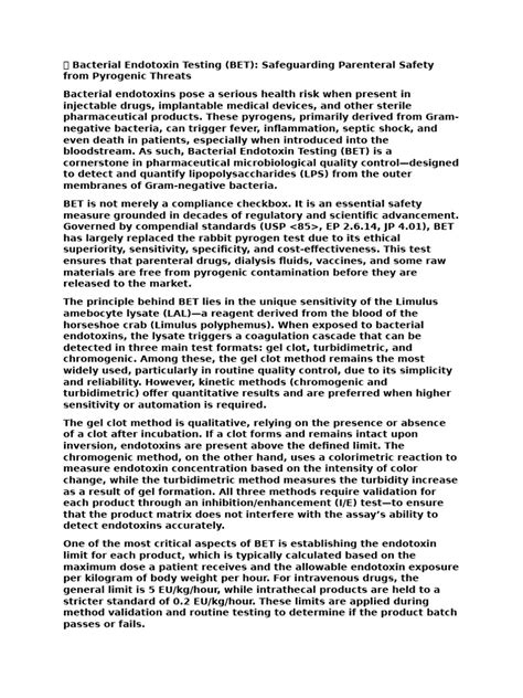 Bacterial Endotoxin Testing Bet Pdf Lipopolysaccharide Medical Specialties