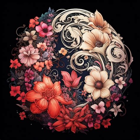 There Is A Circular Picture Of Flowers And Leaves In A Circle