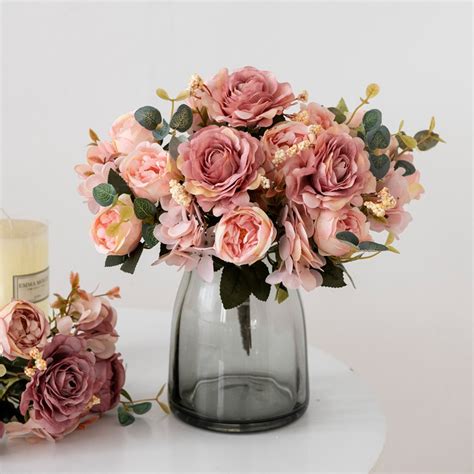 Badu Bg Единичен пакет Изкуствени цветя Божур Хортензия Рози Сватбена Коледна украса за дома