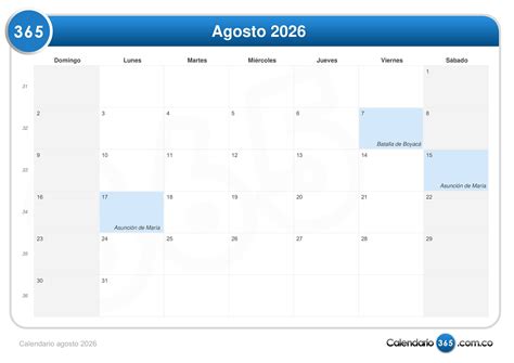 Calendario Agosto 2026