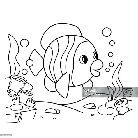 색칠 공부 페이지 만화 물고기의 개요 수중 세계 아이들을위한 색칠 공부 책 0명에 대한 스톡 벡터 아트 및 기타 이미지 0명