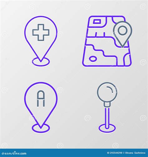 Set Line Push Pin Location City Map Navigation And Medical Location With Cross Icon Vector