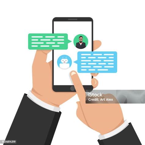 챗봇 컨셉 스마트 폰에서 채팅 봇과 채팅 하는 남자 사용자는 메신저에서 봇과 이야기 벡터 그림입니다 Live Event에 대한 스톡 벡터 아트 및 기타 이미지 Istock