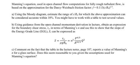 Solved Manning S Equation Used In Open Channel Flow Chegg Com
