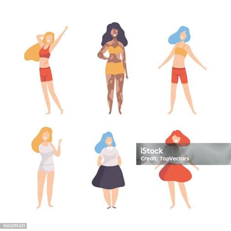 신체 양성 및 자기 수용 벡터 세트로 다른 그림 유형 및 높이를 가진 여성 백반증에 대한 스톡 벡터 아트 및 기타 이미지