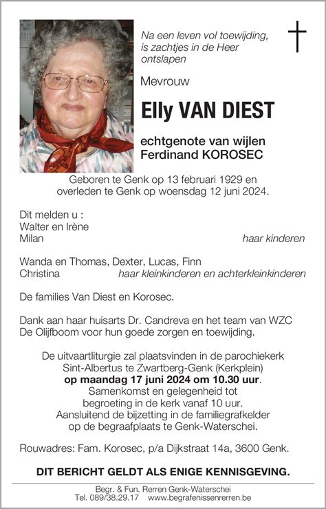Elly Van Diest † 12 06 2024 Inmemoriam
