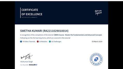 Swetha Kumari On Linkedin Certificate For Dbms From Scaler