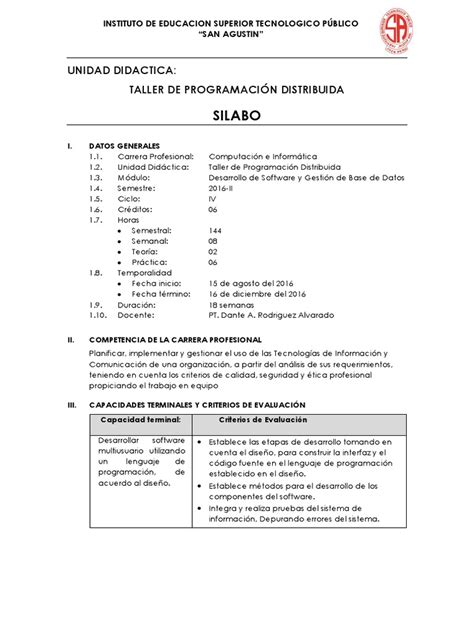 Silabo Taller De Programacion Distribuida 2 Pdf Servidor Sql De