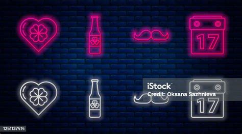 4 개의 잎 클로버 콧수염 4 개의 잎 클로버와 달력세인트 패트릭데이가있는 하트가있는 세트 맥주 병 벽돌 벽에 빛나는 네온 아이콘 벡터 3월에 대한 스톡 벡터 아트 및 기타