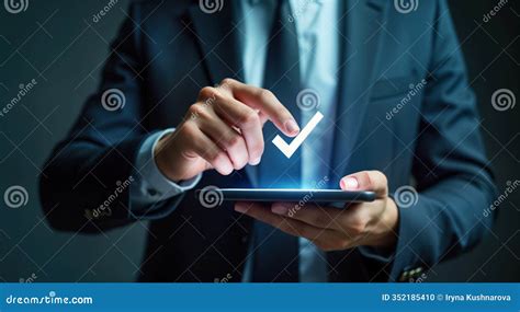 Businessman Approves Project Touches Check Mark On Tablet Screen Project Approval Quality