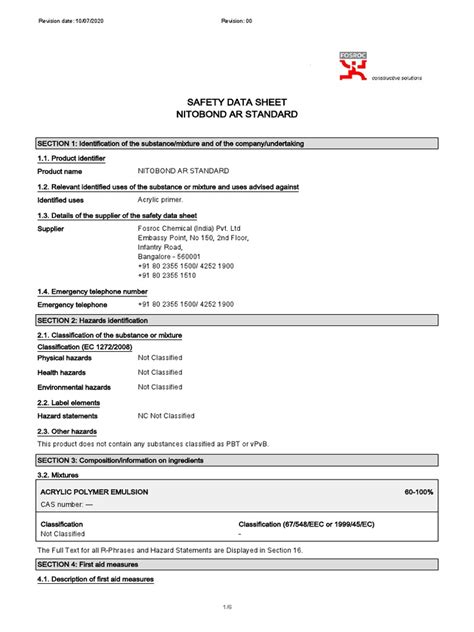 Sds Nitobond Ar Std India Pdf Dangerous Goods Occupational Safety