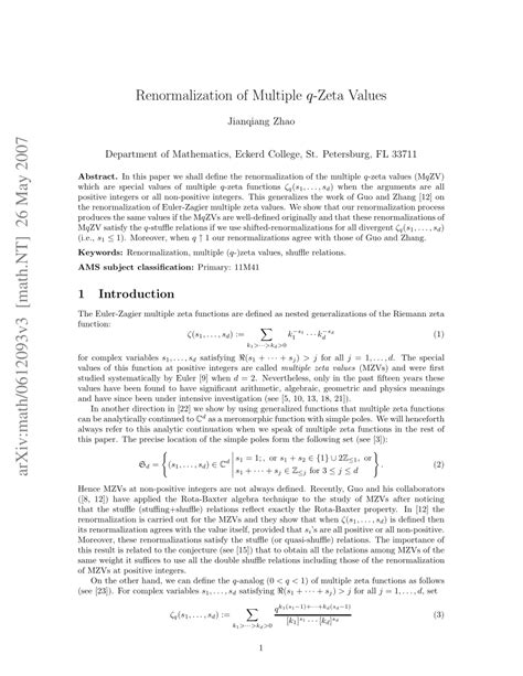 Pdf Renormalization Of Multiple Q Zeta Values