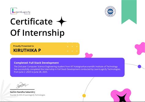 Fullstackdevelopment Internship Learnlogicifytechnologies Kiruthika P