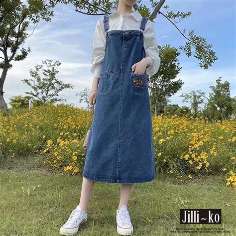 Jilli Ko 復古文藝中長款可調牛仔背帶裙 藍色 長裙及膝裙 Yahoo奇摩購物中心