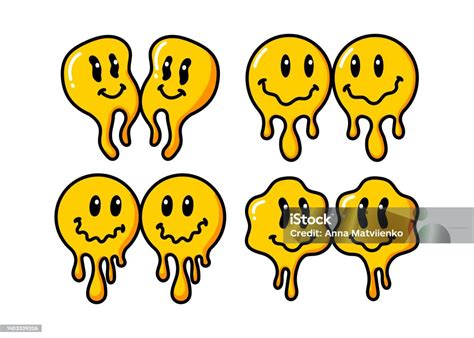 녹는 미소 빈티지 일러스트레이션 레트로 사이키델릭 멜트 미소 얼굴 로고 물방울 같은 미소 좋은 분위기 긍정적 인 이모티콘 스티커 벡터 그루비 이모티콘 얼굴 벡터에 대한 스톡