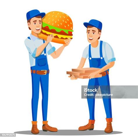 피자 패스트 푸드 배달 남자 제복 및 피자 상자 거 대 한 햄버거에 손에 벡터 고립 된 그림 교통수단에 대한 스톡 벡터 아트 및