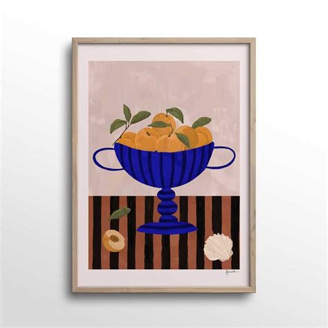 Peaches In Blue Striped Bowl Print Artists And Objects