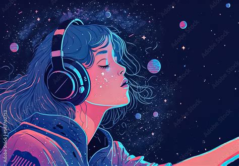 Beautiful Anime Girl Floating In Space With Stars Listening To Lofi