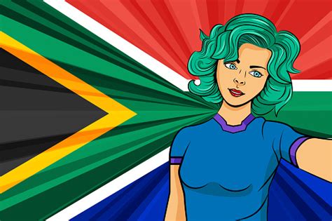 팝 아트 유니콘 컬러 머리 스타일으로 소녀입니다 젊은 팬 소녀 게 남아 프리 카 공화국의 국기 하기 전에 Selfie 벡터 스포츠 일러스트 복고 만화 스타일