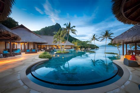 저녁 조명과 반사되는 물을 갖춘 고급 열대 리조트 럭셔리한 열대 리조트 인피니티 풀 산 배경 배경 일러스트 및 사진 무료 다운로드 Pngtree