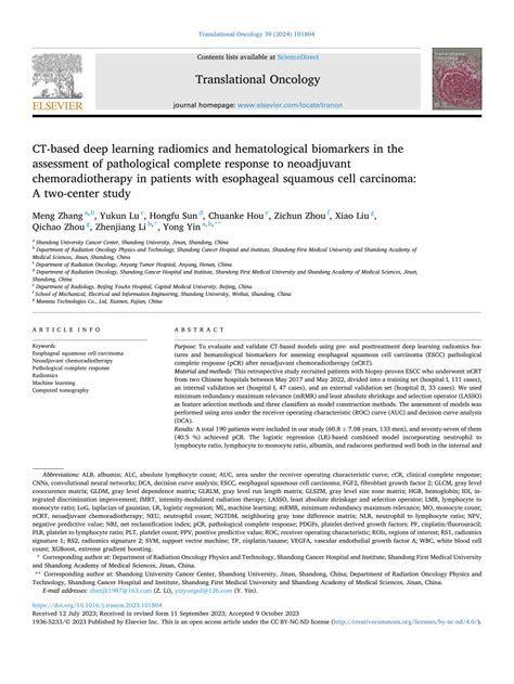 Pdf Ct Based Deep Learning Radiomics And Hematological Biomarkers In