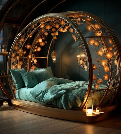 Premium Ai Image Arafed Bed With A Circular Bed Frame With Lights On