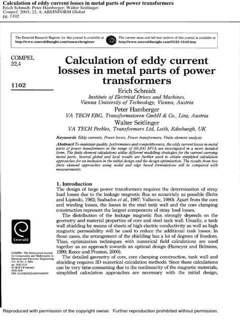 Calculation Of Eddy Current Losses In Metal Parts Of Power Transformers