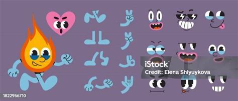 만화 캐릭터 얼굴 다리 다양한 감정의 손 포즈 및 제스처 세트입니다 70년대 그루비한 코믹 요소 귀여운 복고풍 히피 마스코트 트렌디 한 현대 벡터 일러스트 레이 션 손으로