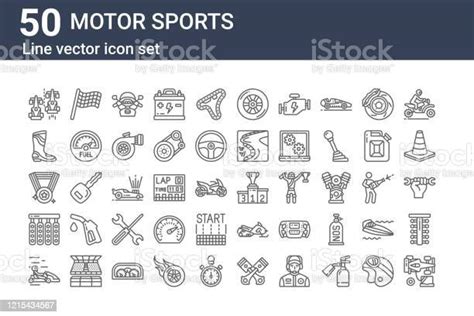 50 모터 스포츠 아이콘의 집합입니다 경주 차 카트 조명 메달 부츠 경주 플래그 연단과 같은 얇은 라인 아이콘을 윤곽 소화기에 대한 스톡 벡터 아트 및 기타 이미지 Istock