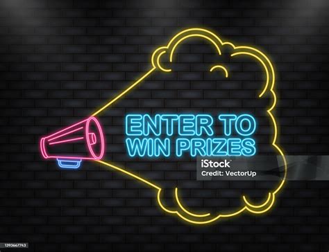 네온 아이콘 상금 기호를 얻기 위해 입력과 메가폰 파란색 배너 벡터 일러스트레이션 래플에 대한 스톡 벡터 아트 및 기타 이미지