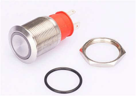 สวิตช์กันน้ำ กดติดปล่อยดับ สแตนเลส แป้นเรียบ Red Led 24v Self Reset 16