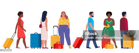 수하물이 있는 다국적 여행자 여행 가방과 가방을 가진 캐릭터 관광객들은 여행 가방을 들고 그룹을 짓고 있습니다 짐을 가지고 여행하는 군중 여행 또는 라이프스타일 블로그를