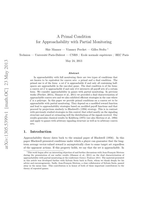 pdf a primal condition for approachability with partial monitoring
