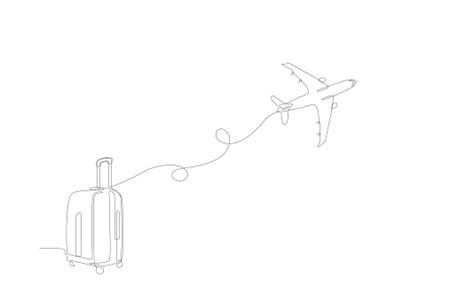 비행기가 날아 오르는 여행 가방은 연속적인 일줄 스타일로 기계합니다 흰색 배경에 고립 된 바퀴가 달린 수하물 가방의 윤곽의 단일 라인 여행 그림편집 가능한 스트로크 벡터