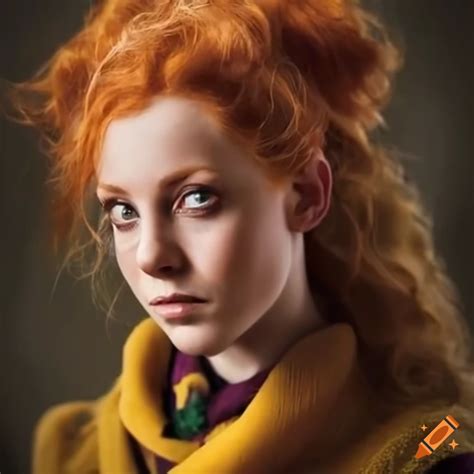 Ginger Haired Witch Wearing Hufflepuff Scarf In Castle