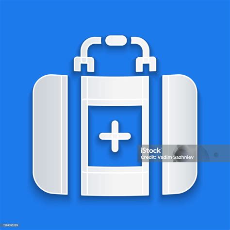 파란색 배경에 격리된 제지 절단 응급 처치 키트 아이콘 십자가가 있는 의료 상자 응급 의료 장비 헬스케어 개념 종이 아트 스타일 벡터 0명에 대한 스톡 벡터 아트 및 기타