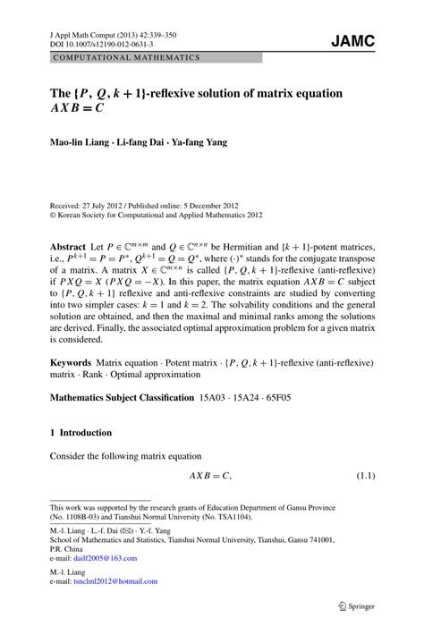 Pdf The Pqk1 Reflexive Solution Of Matrix Equation Axbc