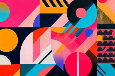 A Series Of Overlapping Geometric Shapes Each Filled With Bold Patterns And Gradient Colors