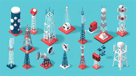 Flat Vector Set Featuring Various Telecom Towers And Radio Communication Structures Stock