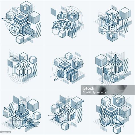 선형 치수 모양 아이소메트릭 추상 배경 벡터 3d 메쉬 요소 큐브 육각형 사각형 사각형 및 다른 추상적인 요소의 작곡 벡터