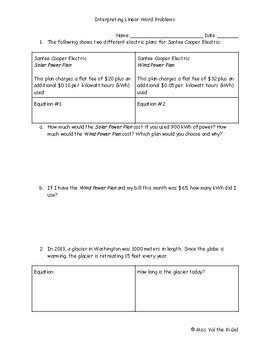 Interpreting Linear Word Problems PowerPoint And Worksheet Included