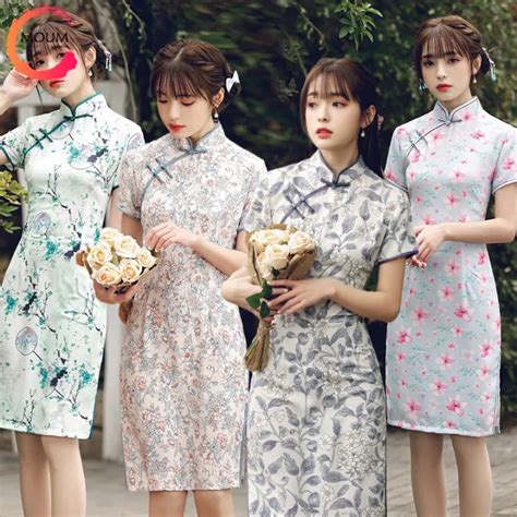Moum Cheongsam เด็กสาวใหม่ทุกวันบางปรับปรุงชุดสั้นขนาดเล็กฤดูร้อน Th