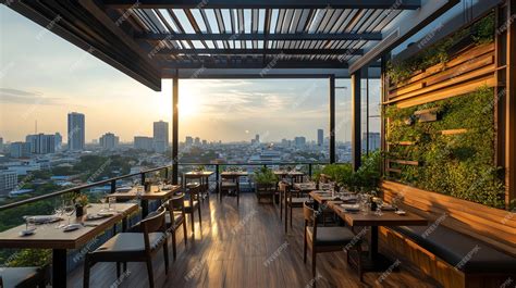 Modern Rooftop Restaurant With City Skyline View Premium Ai Generated