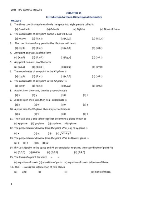 I Pu 2025 Mcq Fb 11 Chapter Introduction To Three Dimensional Geometry 2 Pdf Cartesian