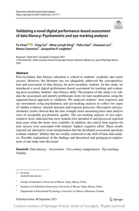 Validating A Novel Digital Performance Based Assessment Of Data Literacy Psychometric And Eye