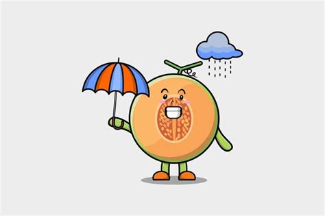 빗속에서 귀여운 만화 멜론 캐릭터와 평평하고 현대적인 스타일 디자인의 우산 사용 프리미엄 벡터