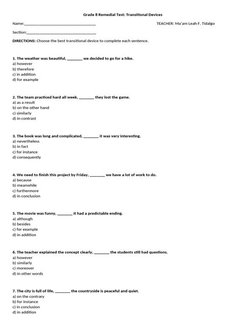 Compilation Of Grade 8 Remedial Test Pdf