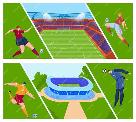 축구 선수 축구 필드 축구 공 캐릭터 팀 남자 양식 게임 선수 경기장 디자인 만화 스타일 벡터 일러스트 레이 션 프리미엄 벡터